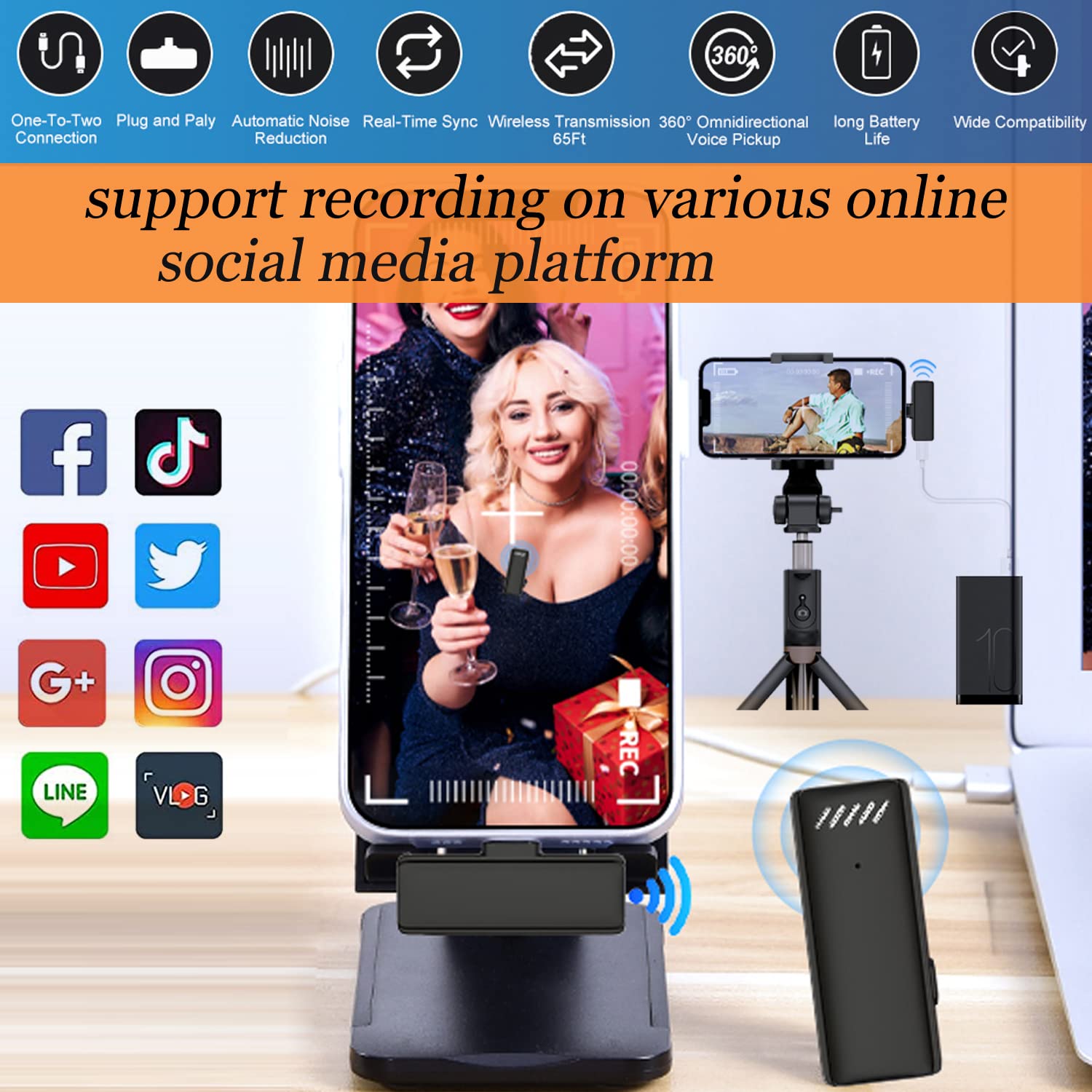Dual Wireless Lavalier Microphone for iPhone iPad, Wireless Clip on Mic Professional 8H Plug-Play Wireless Lapel Microphones for Recording, Live Stream, YouTube, Facebook, TikTok