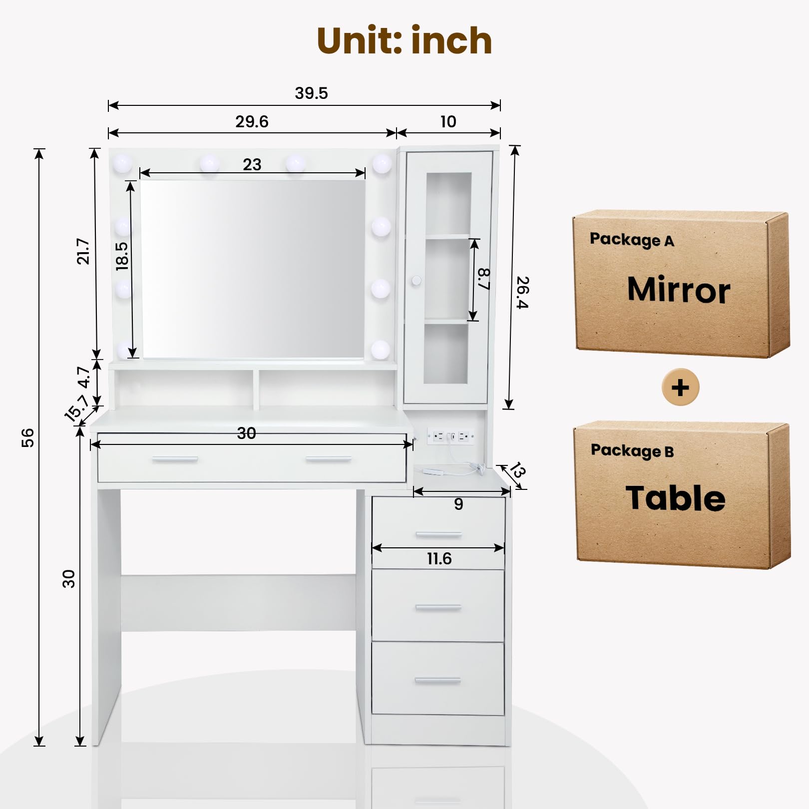 Vanity Desk with Mirror and Lights - White Vanity Table with Power Strip, 4 Drawers and Display Cabinet, 39.5'' Bedroom Makeup Desk with Nightstand and Tabletop Shelf, Brightness Adjustable