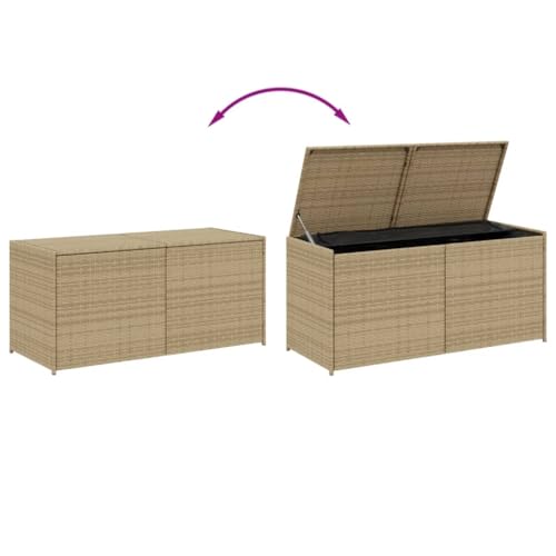 GOLINPEILO 74.8 Gal Outdoor Storage Box, Patio Rattan Deck Box, Wicker Storage Bin Deck Box, Poly Rattan Patio Storage Chest with Hinged Lid for Cushions, Pillows, 47.2"x19.7"x22" Mix Beige