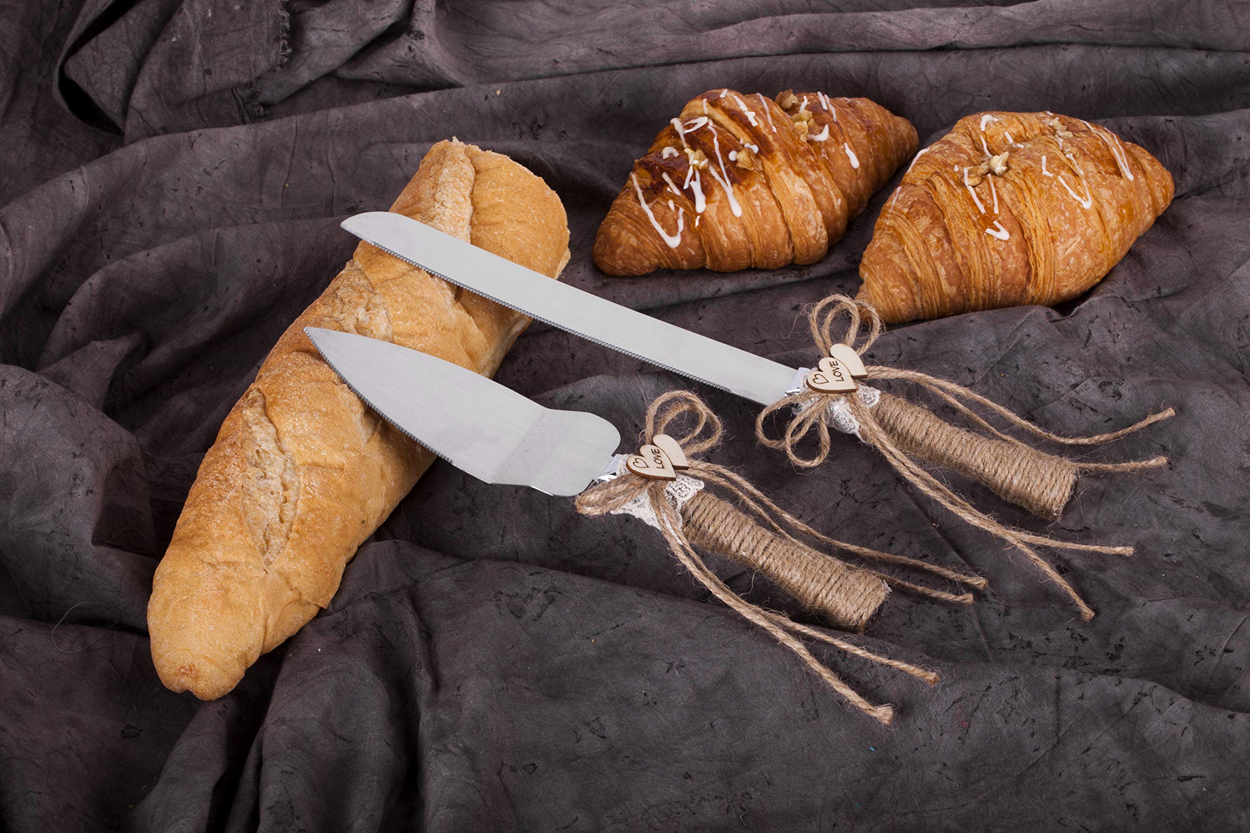 Rustic Wedding Cake Knife and Server Set-ULA Natural Burlap Twine Handle Wood Heart Cutlery for Wedding Gift,Cake Cutting Set for Wedding Rustic Wedding Decor (Burlap)