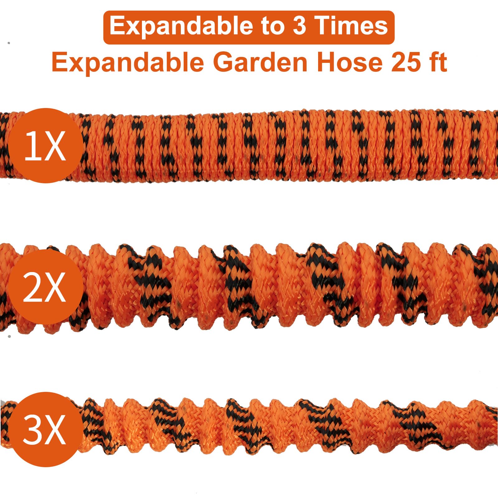 Expandable Garden Hose 25 ft with 10 Functions Hose Sprayer, Flexible Garden Hose Leak-Proof with Natural Latex,No-Kink Collapsible Hose Orange