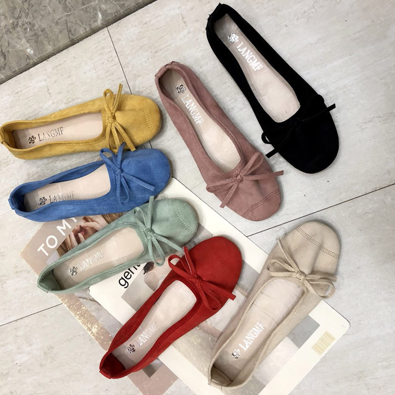 FASDNENDYS Women's Suede Bow Shallow Mouth Soft Sole Round Toe Casual Shoes Leather Sandals Women Size 9