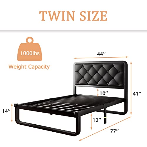 iPormis Twin Size Metal Bed Frame with Faux Leather Headboard, Curved Platform Bed Frame, Thicker Metal Steel Slats Support, 12'' Under-Bed Space, Noise-Free, Easy Assembly, Black