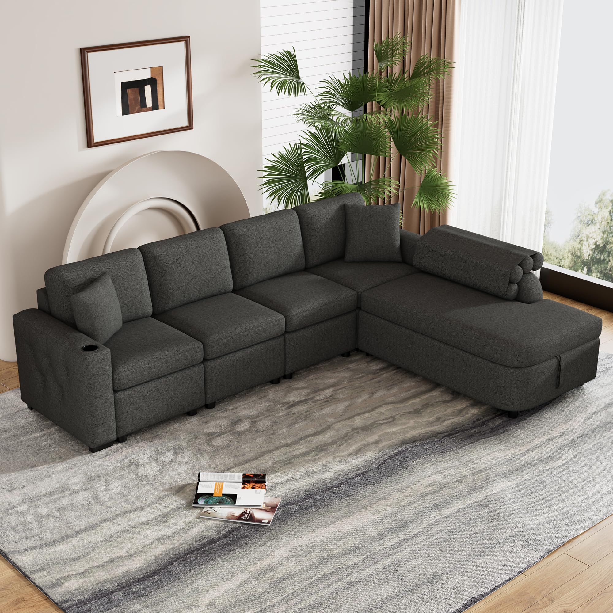 P PURLOVE Luxury Modern Style Living Room Upholstery Sofa, L Shaped Sofa with 2 Pillows, Storage Chaise, Cup Holder and USB Ports, 109.8" L Chenille Sofa Couch for Living Room Apartment, Black