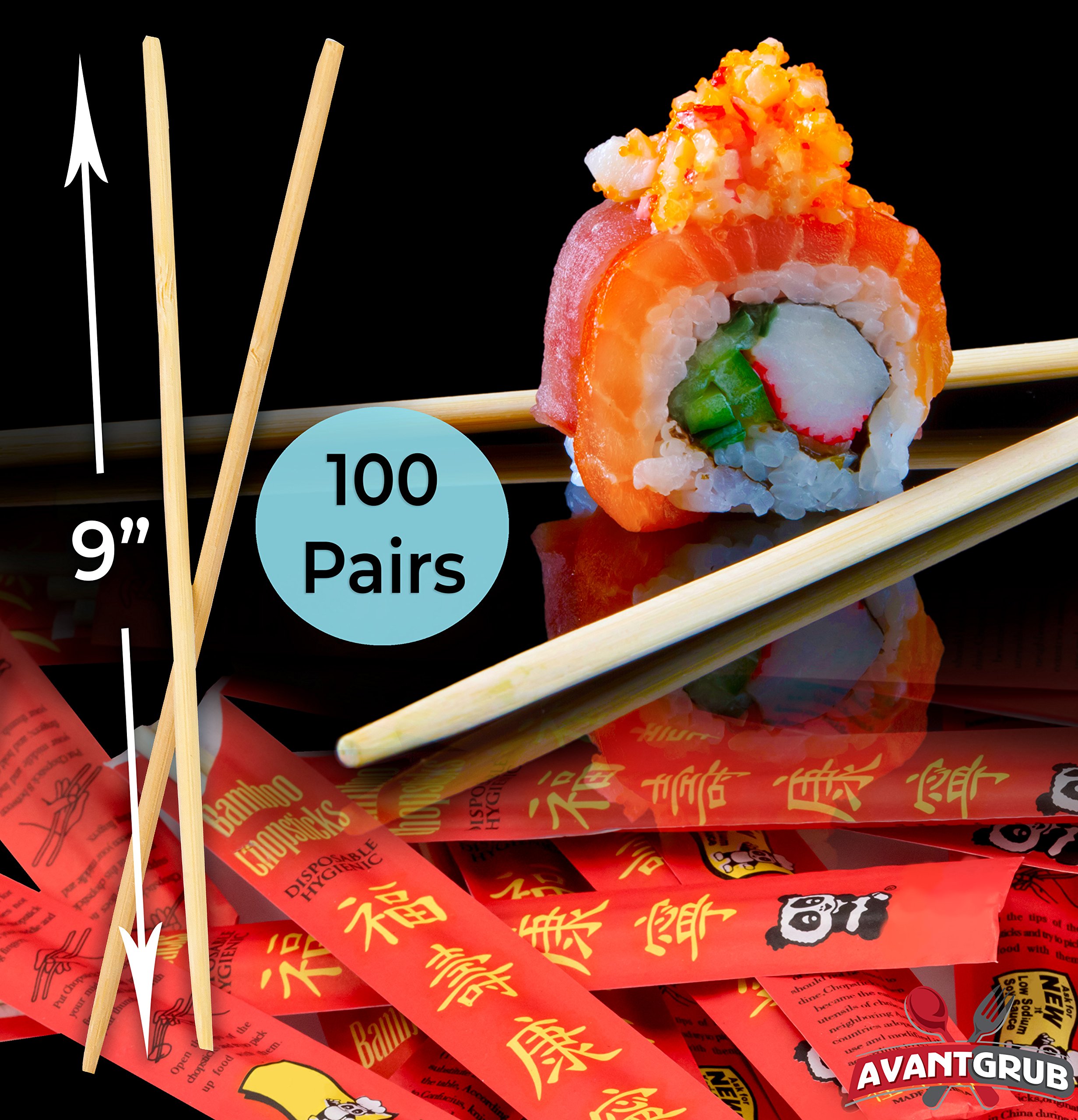 Eco-Friendly, Disposable 9 in Bamboo Chopsticks 100 Pk. Sleeved and Separated for Use in Chinese, Hibachi or Asian Restaurants. Splinter-Free Wrapped to Include with Carryout, Togo and Takeout Orders