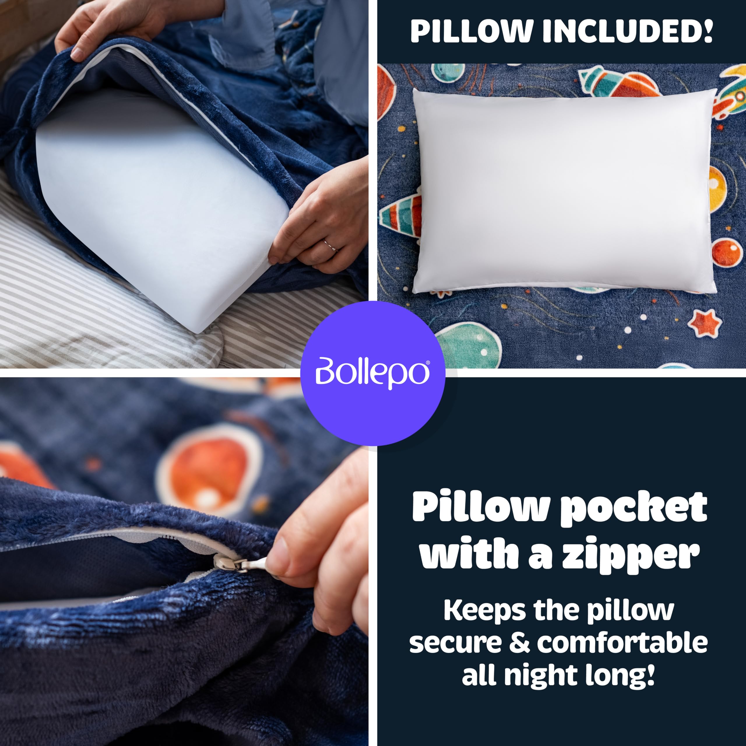Kids Sleeping Bag with Pillow for Boys, Space, Planets Glow in The Dark Sleeping Bags for Kids 2-12, Sleeping Bag for Toddlers with Pillow Pocket, Ages 3+, Extra Soft Sleeping Bag for Kid (66'' x 33")