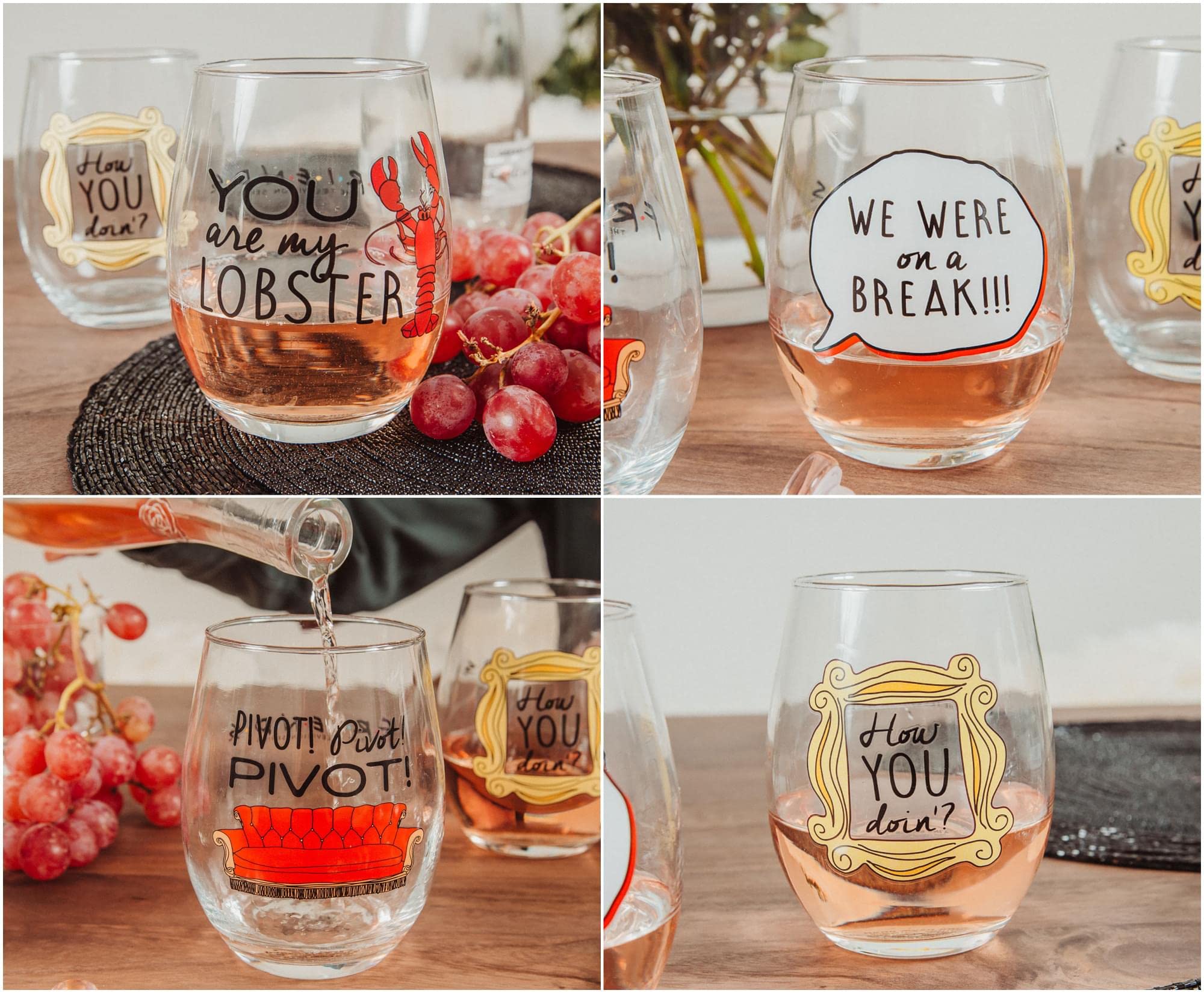 Friends TV Show Iconic Quotes Stemless Wine Glasses, Set of 4