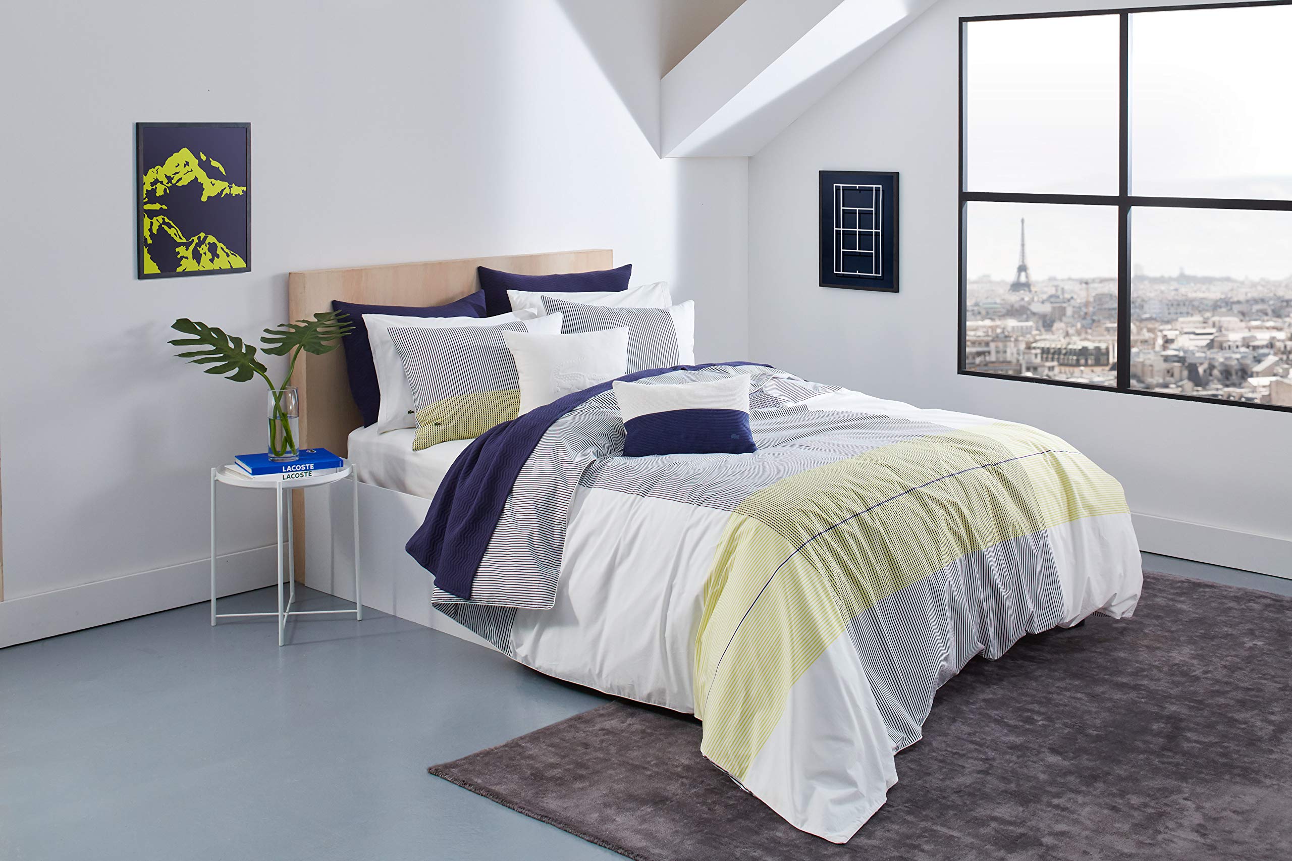 Lacoste Backspin 2- Piece Reversible 100% Cotton Striped Duvet Cover & Sham Set, Twin/Twin XL, Ivory/Blue/Yellow