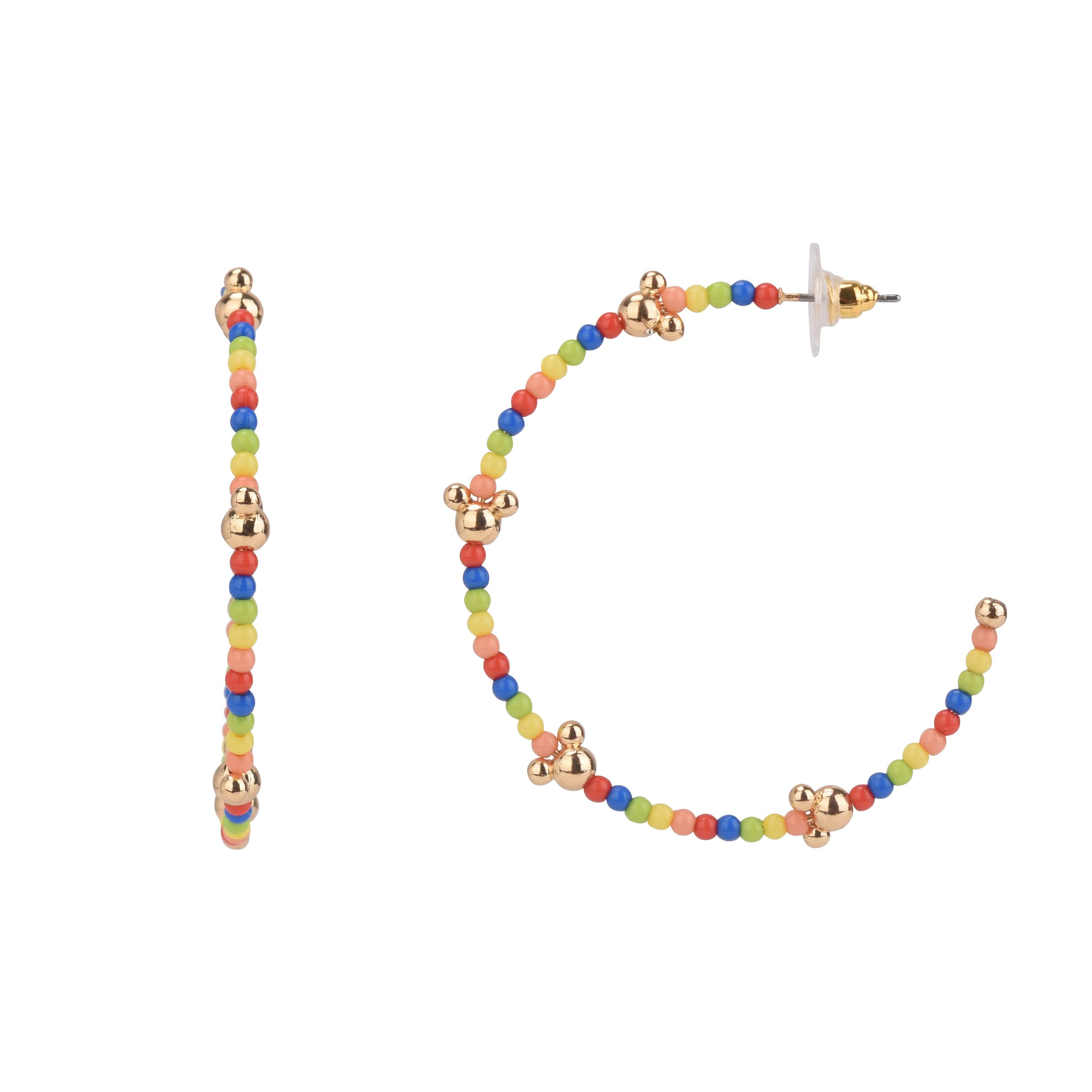 Disney Mickey Mouse Beaded Hoop Earrings, One Pair for Women, Girls in Authentic Jewelry Gift Box, Gold Tone, Open Loop Design with 2” Drop, Post Closure