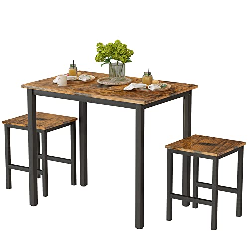 Recaceik 3 Piece Dining Table Set, Modern Bar Table Set w/ 2 Stools Kitchen Table Set for 2 Compact Design Kitchen Bar Table and Chairs for Dining Room, Living Room, Apartment, Small Space (Brown)