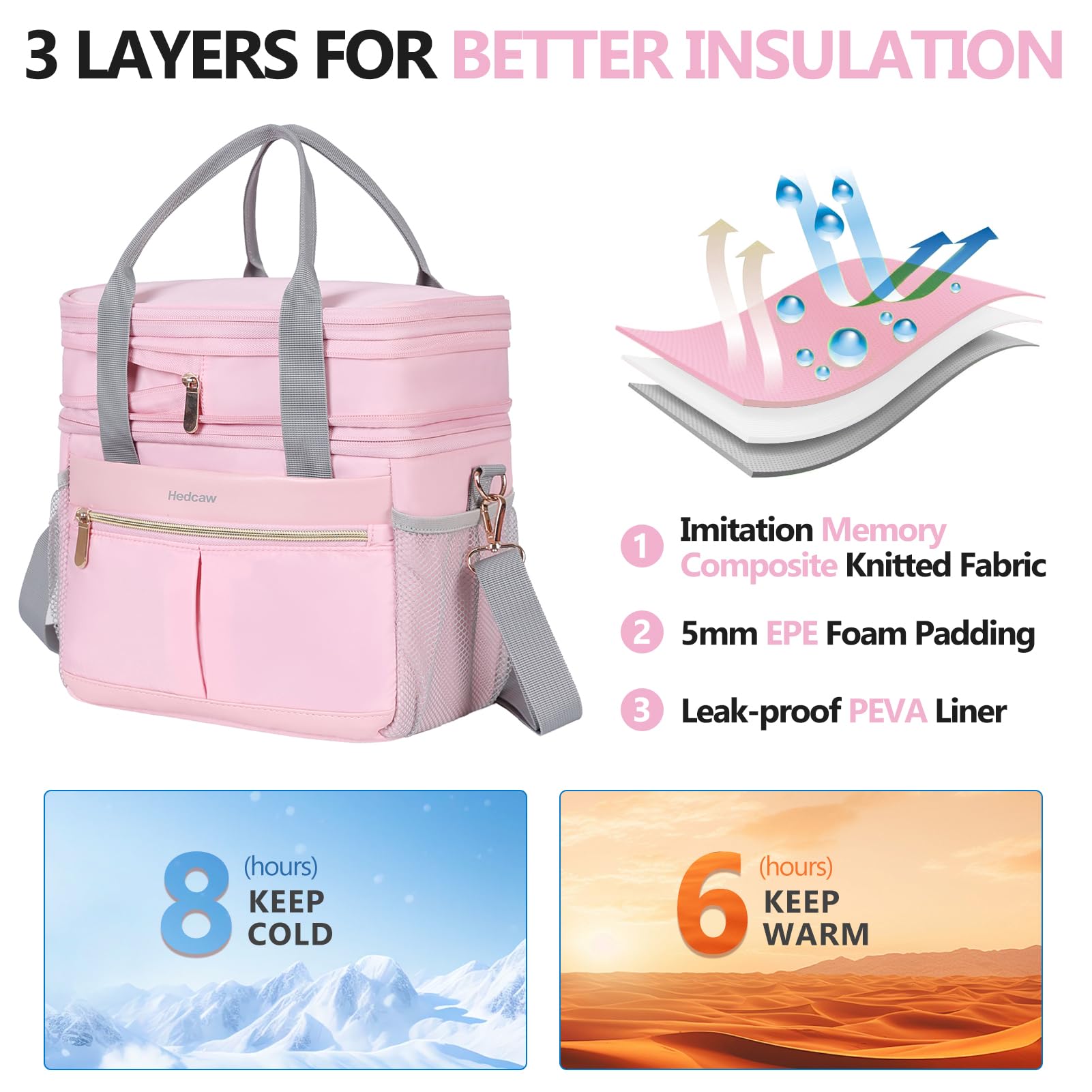 Hedcaw Lunch Box for Women Double Deck Insulated Lunch Bag Women Expandable Leakproof Reusable Lunch Cooler for Work, Office, Picnic, Pink
