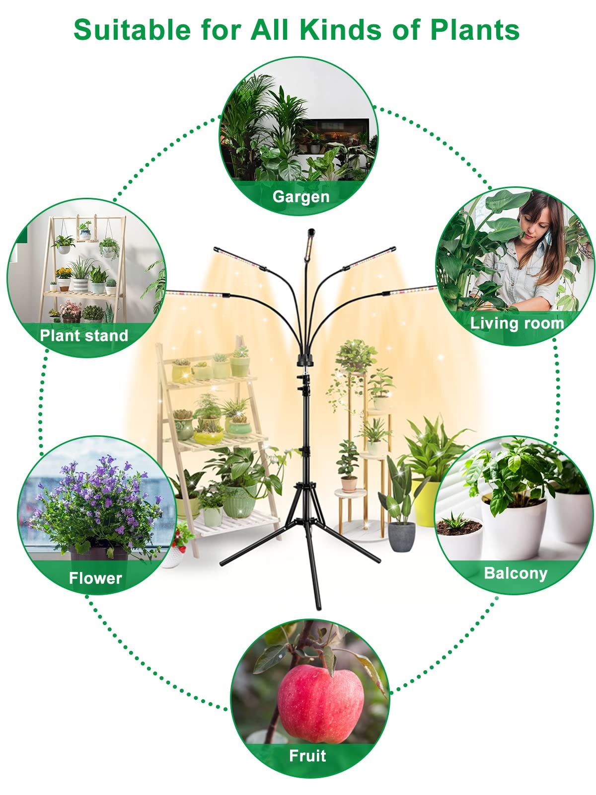 fyheart Grow Lights for Indoor Plants,Full Spectrum Grow Light with Adjustable Stand and Sturdy Clip,5 Light Tube,3 Light Modes,10 Dimmable Brightness,4/8/12 H Timer,360° Gooseneck,Remote Control