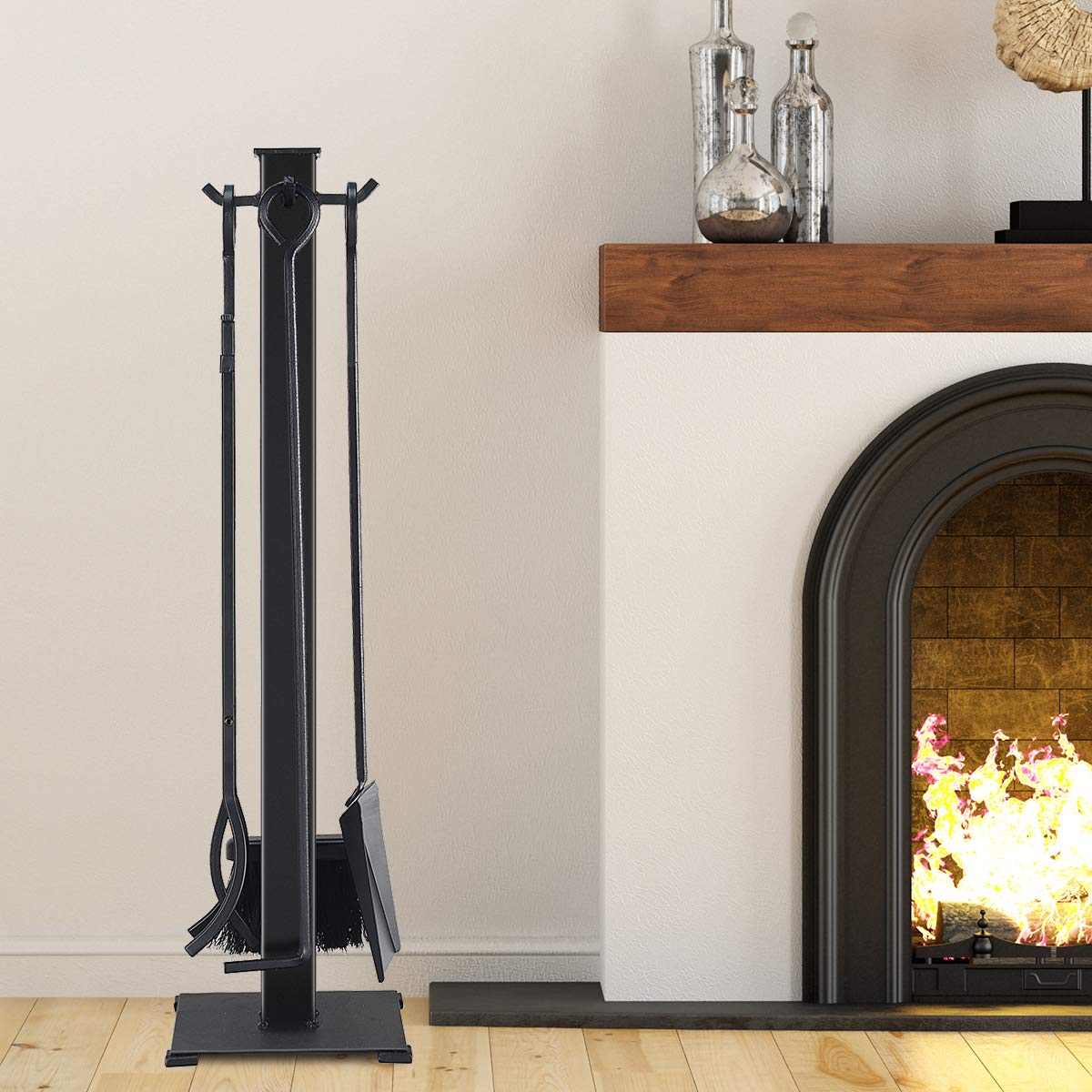 Tangkula 5 Pieces Fireplace Tools, Modern Contemporary Chimney Fireplaces Hearth Accessories,Includes Wrought Iron Tong Poker Base Shovel Brush, Indoor Outdoor Tools for Fireplace Black