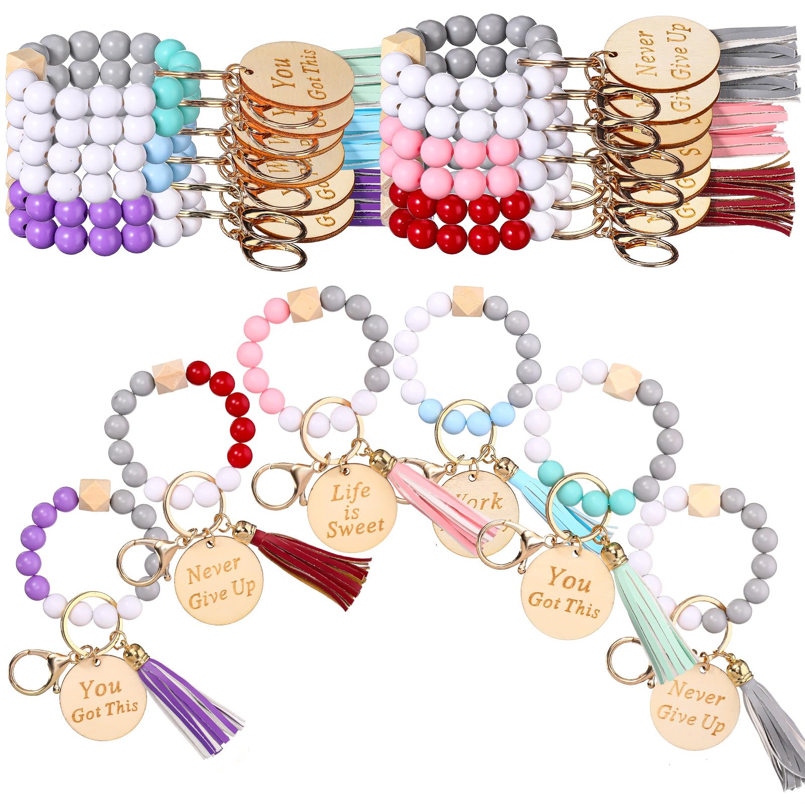 Faccito 12 Pcs Inspirational Keychain Bracelet with Tassel Beaded Motivational Quote Wristlet Key Ring for Graduation Gift(Aesthetic Color)