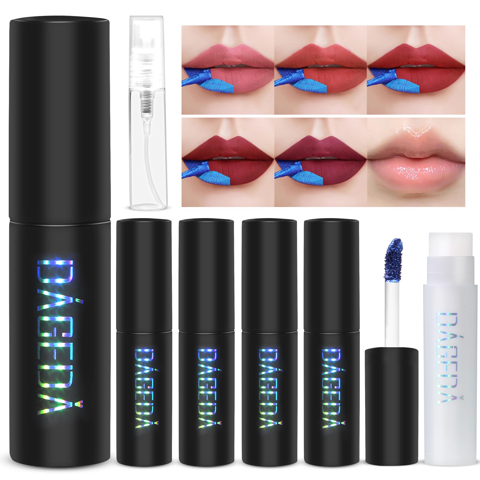 DAGEDA 5 Colors Lip Stain,Peel Off Lip Stain Lip Tint,Tattoo Color Lip Gloss,Waterproof Liquid Lipstick with 5ML Empty Spray Bottle, Lip Stain Tint Lip Makeup for Women