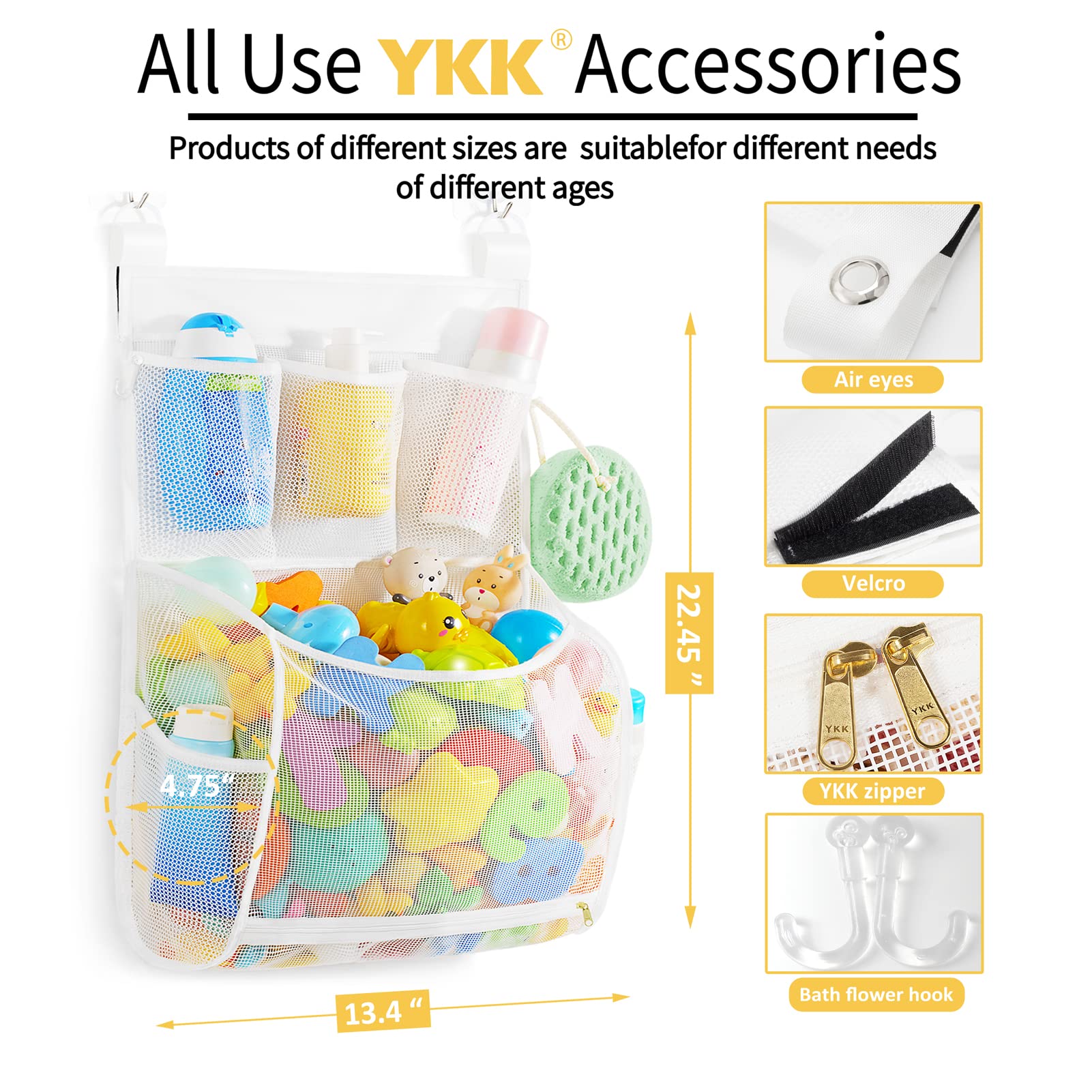 Ligereza Baby Mesh Bath Toy Organizer,Multiple Ways to Hang, Ultra Large Capacity & Large Opening, Bathroom Toy Holder, Bath Toy Storage Bag With 5 Side Pockets (Large White)