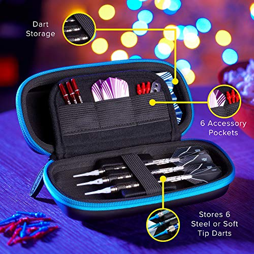 Casemaster Sentry 6 Dart Case Slim, Holds Extra Accessories, Tips, Shafts and Flights, Compatible with Steel Tip and Soft Tip Darts, Impact & Water Resistant TacTech Shell, Blue Zipper