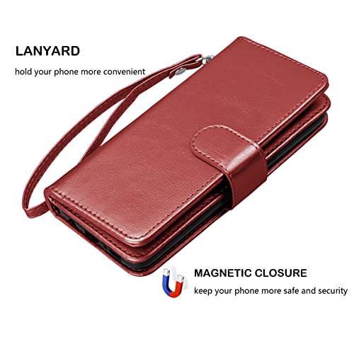 NJJEX Wallet Case for iPhone 14 Pro 6.1" 2022, for iPhone 14 Pro Case, [9 Card Slots] PU Leather ID Credit Holder Folio Flip [Detachable] Kickstand Magnetic Phone Cover & Lanyard [Wine Red]