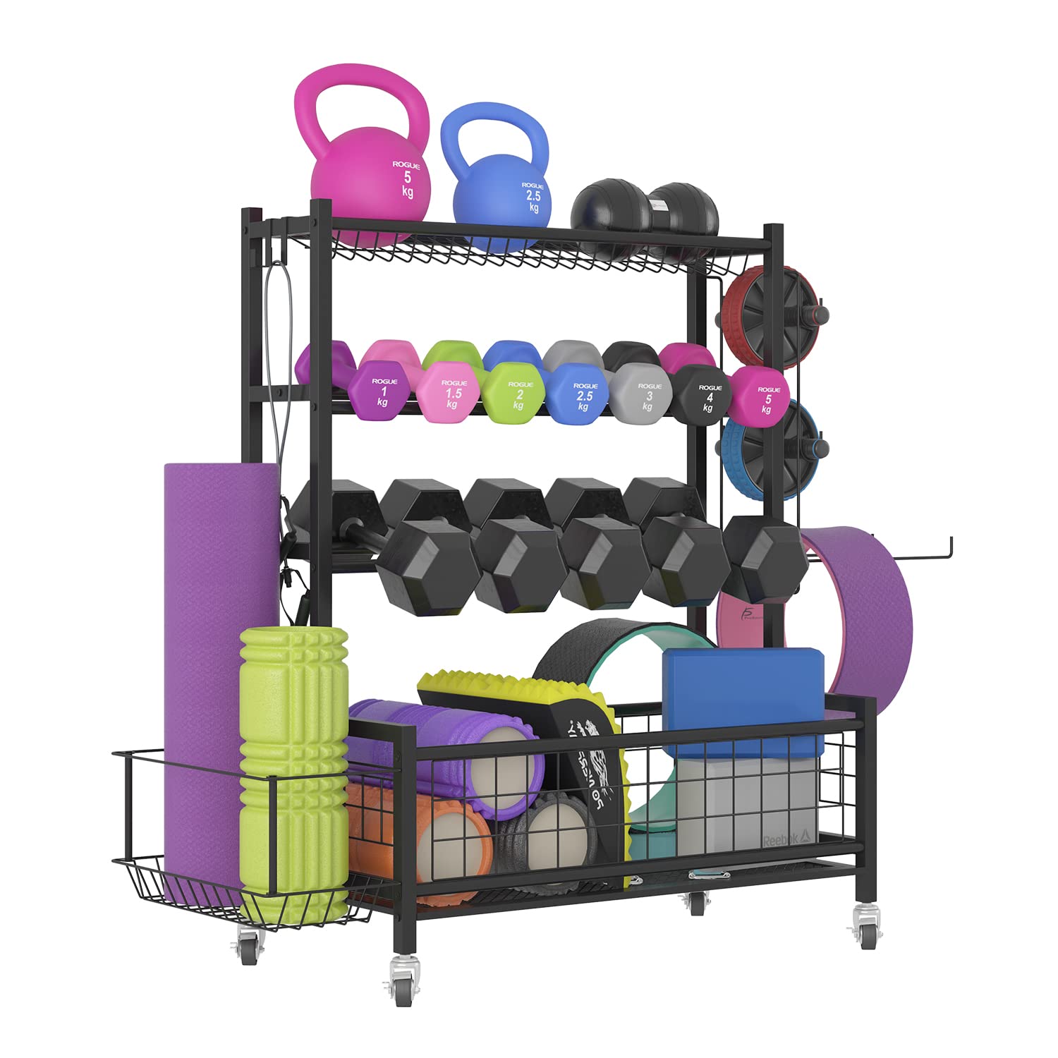 Dumbbell Rack Stand, Weight Storage Organizer, Home Gym Storage Rack for Dumbbells Foam Roller Kettlebells Yoga Mat Resistance Bands, Workout Equipment Storage with Wheels and Hooks