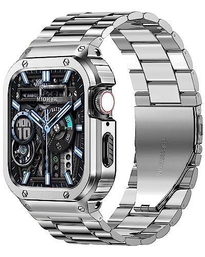 MioHHR Stainless Steel Band and Case Compatible with Apple Watch Band 44mm, Men Rugged Metal Strap and Protective Bumper Cover for iWatch Series SE 6 5 4 (Sliver,44mm)