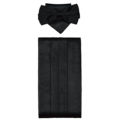 Cumberbund Men Cumberbund and Bow Tie Set Black Cummerbund Pocket Squares Satin Adjustable (Black)