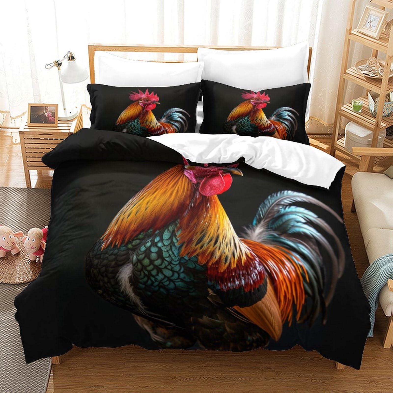 ERGTT Big Rooster 3D Print Birds Comforter Covers for Boys Girls Quilt Cover Duvet Cover Bedding Set with Zipper Closure with Pillow Cases Soft Microfiber 3 Pieces Queenļ¼228x228cmļ¼, Style-3