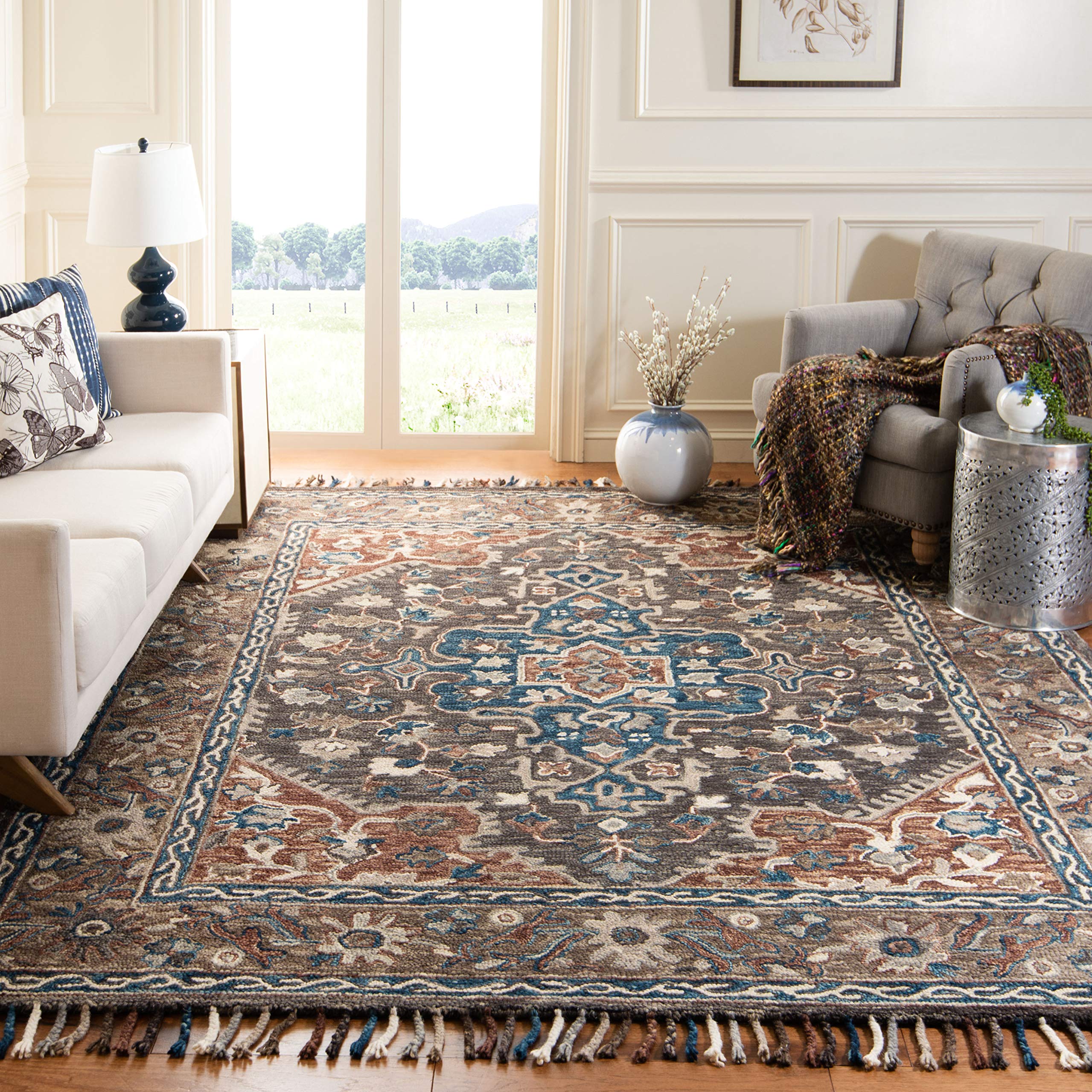 SAFAVIEH Aspen Collection Area Rug - 9' x 12', Charcoal & Light Brown, Handmade Boho Braided Tassel Wool, Ideal for High Traffic Areas in Living Room, Bedroom (APN112A)