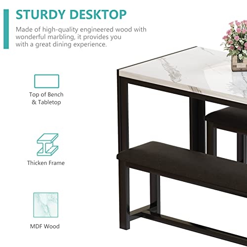 Recaceik Dining Table Set for 4, Kitchen Table and Chairs for 4, Faux Marble Dining Room Table with 2 Benches, Space Saving Dining Table and Upholstered PU Leather Bench for Small Spaces, White