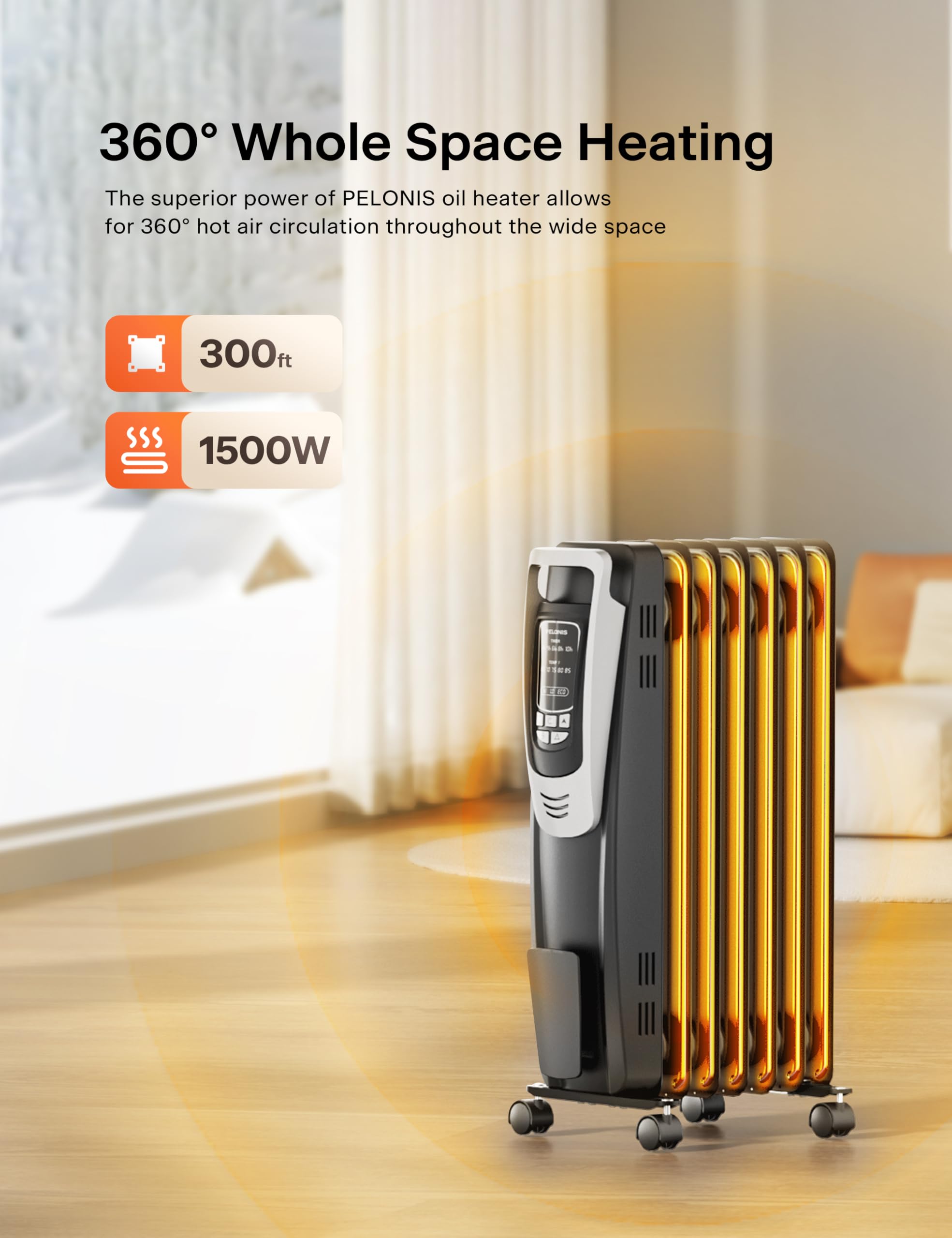 PELONIS Radiator Heater for indoor use Large Room with Remote, Thermostat & LED Display, Quiet Oil Filled Heater with 5 Temperature Settings, Overheat & Tip-Over Protection, Silver