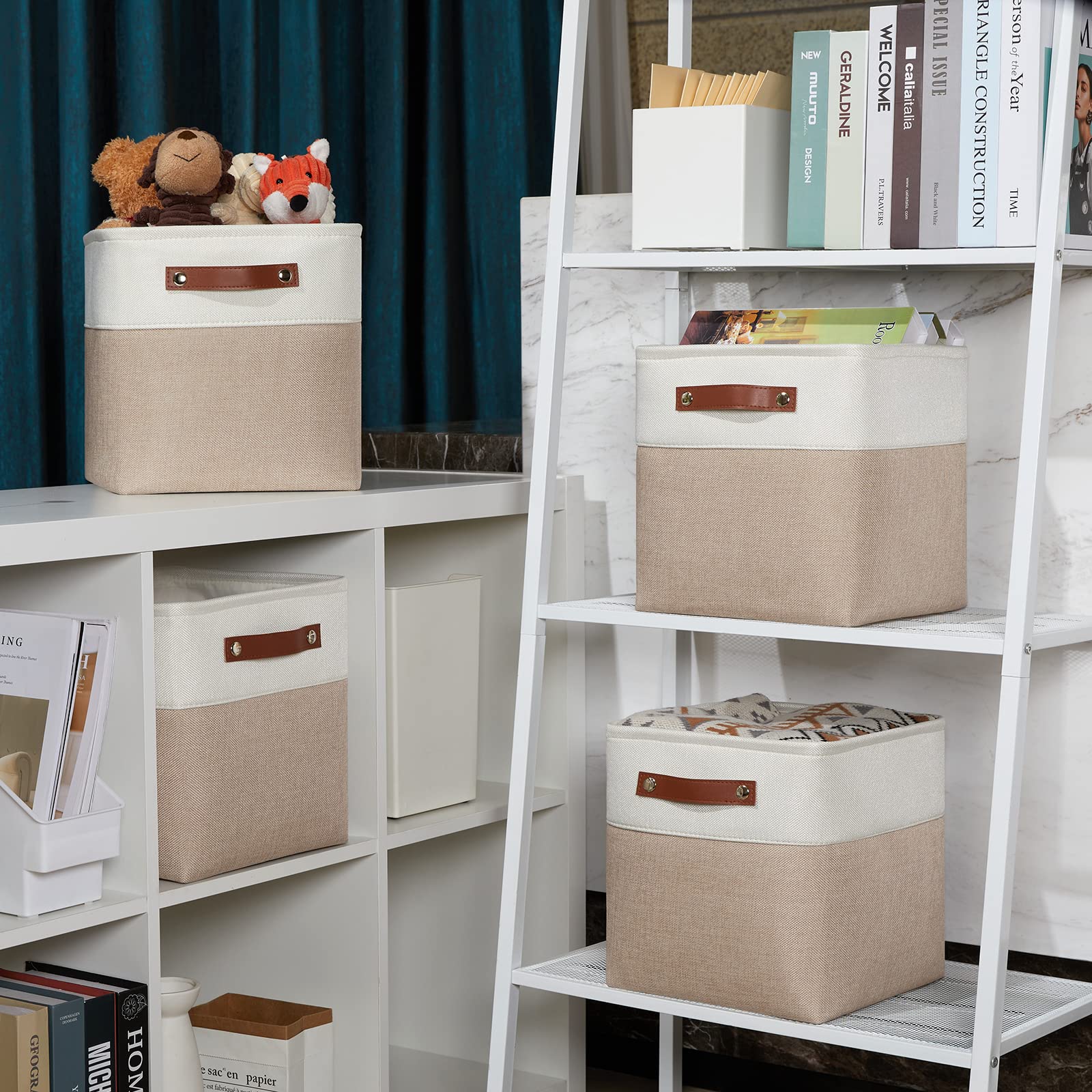 DULLEMELO Collapsible Bundle Baskets 4 Cube Baskets 11"x11"x11" + 6 Small Baskets 11.8"x7.9"x5.1"(White&Khaki)