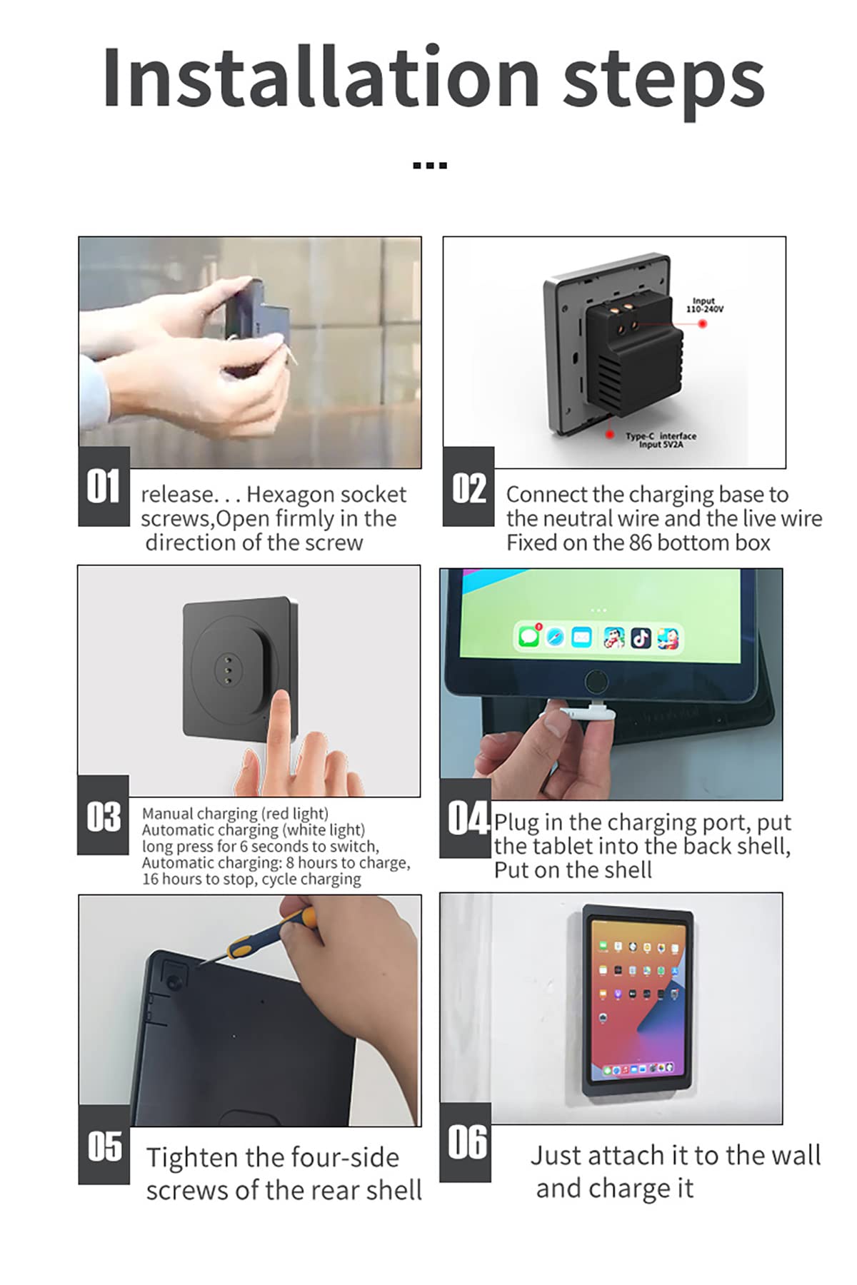 EMONITA Magnetic Wall Mount with Charging Case for iPad Pro 12.9” Black. in-Wall Strong Magnets, 360 Rotation, No Wires Exposed