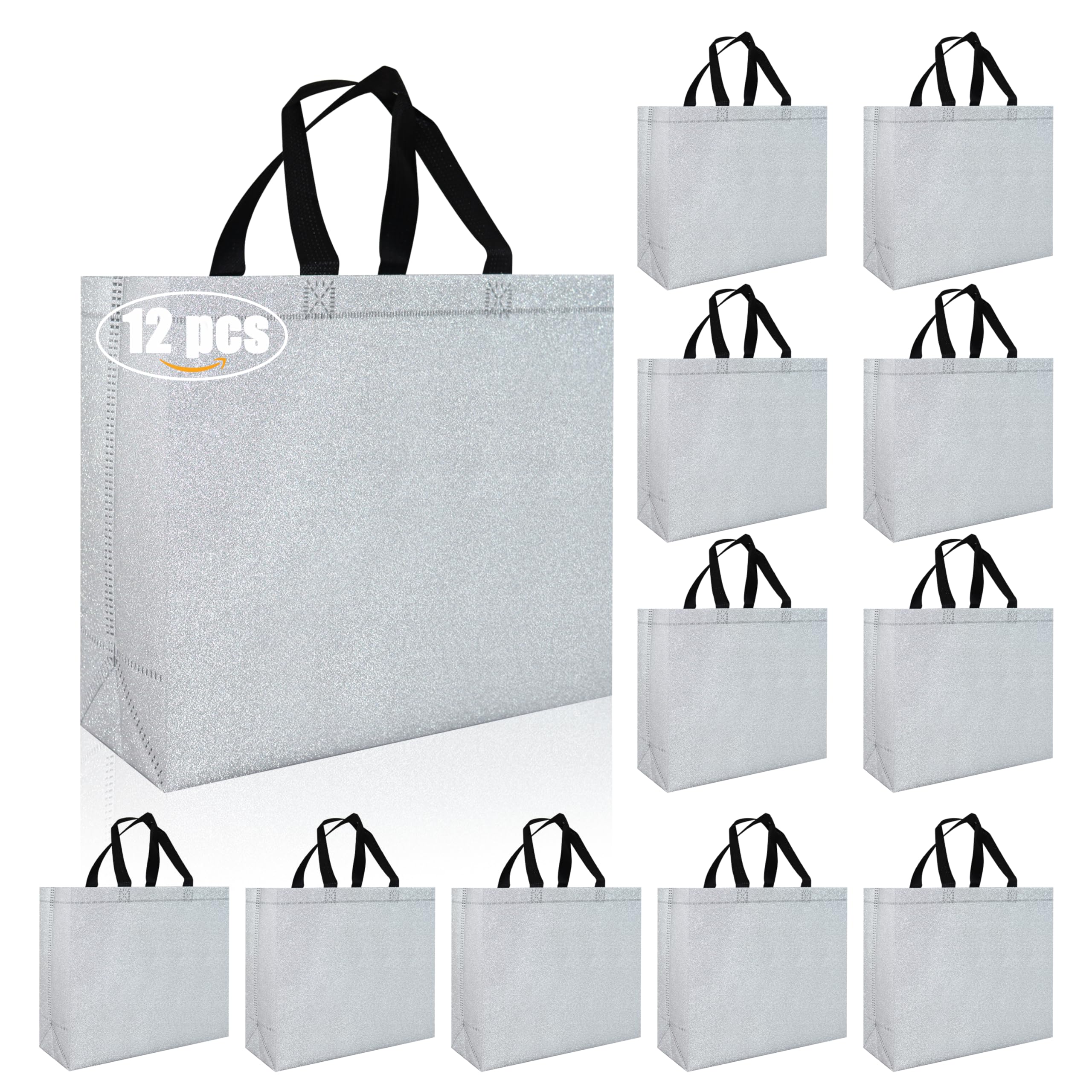 CHENGBAI TOTE Silver Reusable Gift Bags 12 Pcs, Holiday glitter bag Bulk with Base, Flashing Non Woven Gift Bags for Gift Wrapping, Birthdays, Weddings, Party, Christmas