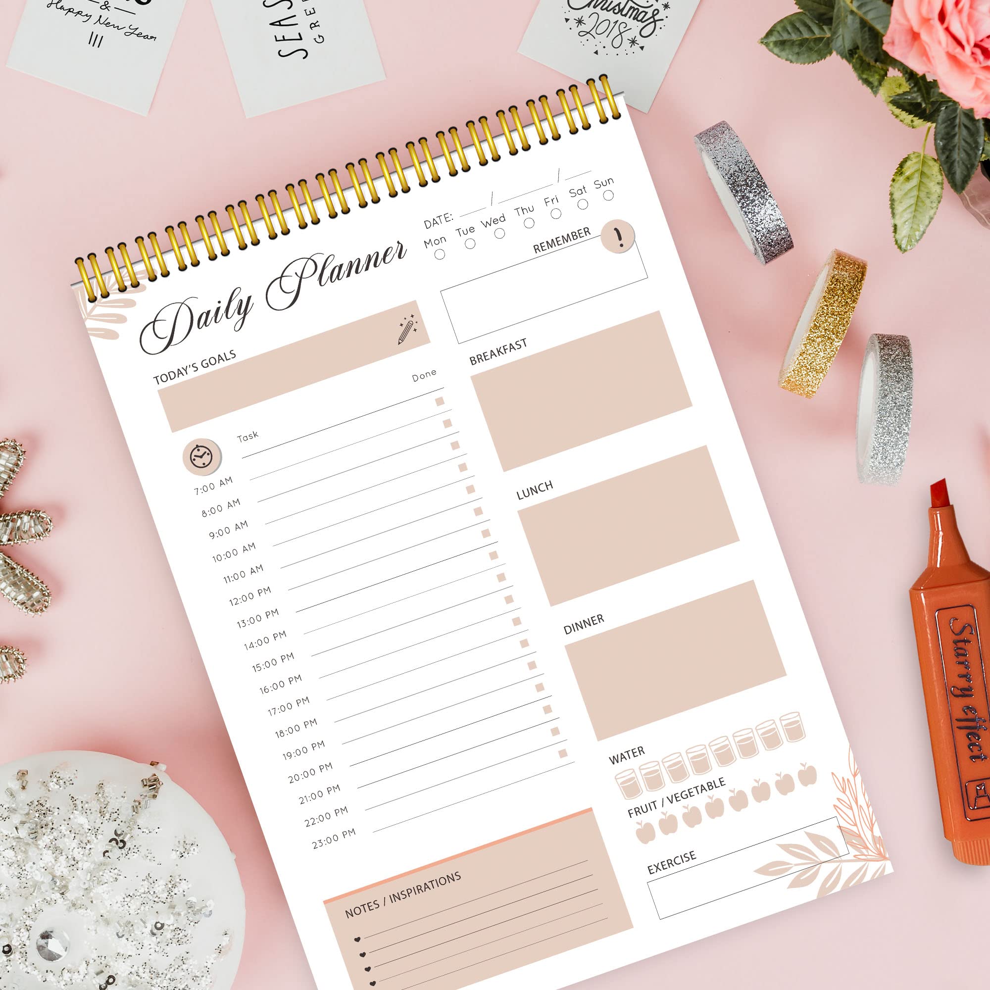 Daily Planner with 4 Office Highlighters, To do List Notebook with Hourly Schedule, Productivity Calendar Exercise, Work Organizer for Man/Women, Daily Journal for Priority Notes, (6.5x9.8")