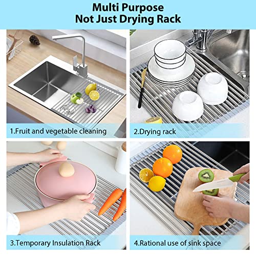 Zeanoch Dish Drying Rack Over The Sink Sink Drying Rack, Adjustable Length, Rolled Up ,Foldable,Saves Space, Fits Most Sinks, Stainless Steel Mat ,Also Great to Use with Kitchen Sink Mats (Black)