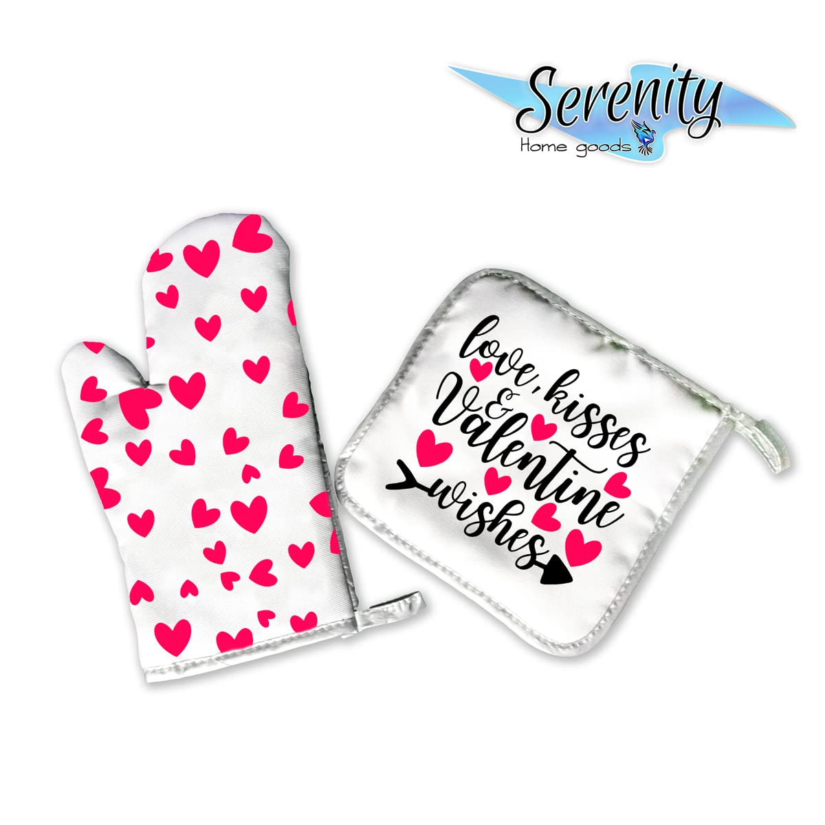 Decorative Kitchen Oven Mitt Hot Plate Pot Holder Set | Valentines Day Hearts Decorations | Love Kisses And Valentine Wishes | White Oven Home Decor Holiday Decorations | House Warming Gift Present