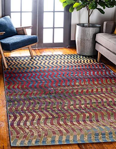 Unique Loom Outdoor Modern Collection Area Rug - Wavy (5' 3" x 8' Rectangle, Multi/ Beige)