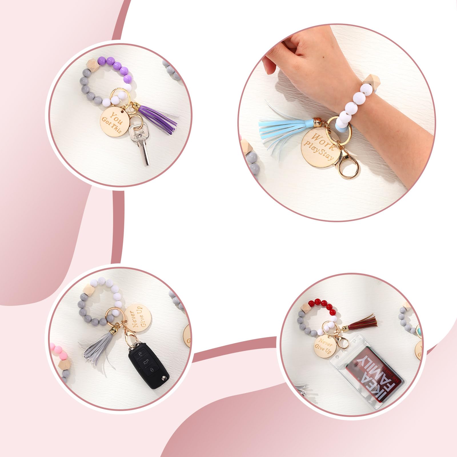 Faccito 12 Pcs Inspirational Keychain Bracelet with Tassel Beaded Motivational Quote Wristlet Key Ring for Graduation Gift(Aesthetic Color)