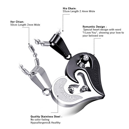 Cupimatch 2-Piece Stainless Steel Couple Necklace Rhinestone I Love You Heart Puzzle Matching Pendant with Chain