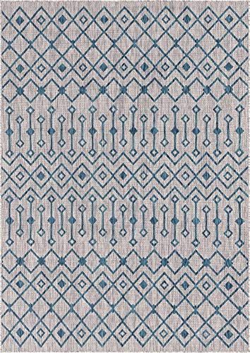 Unique Loom Outdoor Trellis Collection Area Rug - Tribal Trellis (7' 1" x 10' Rectangle, Light Blue/ Ivory)