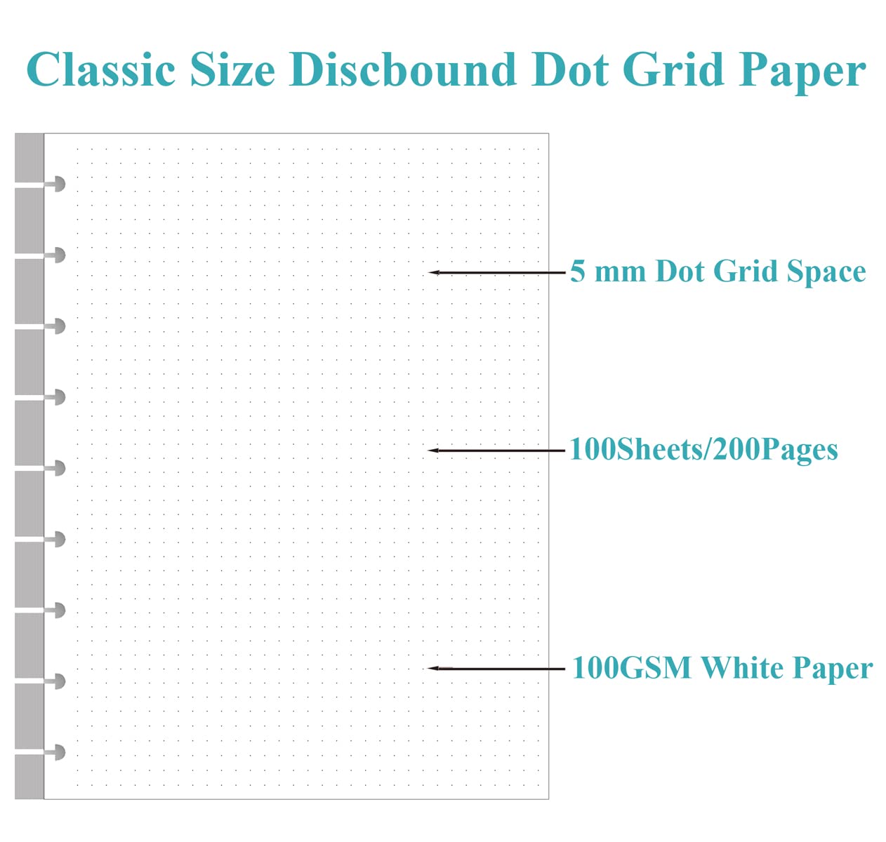 Classic Size Discbound Dotted Grid Refill Paper, 9-Disc Discbound Pre-punched Happy Planner Inserts, 100Sheets/200Pages Loose-Leaf Paper, 100gsm White Paper, 7" x 9.25"