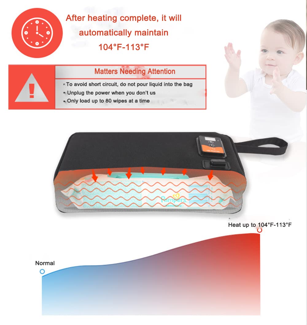 ERIQKCA Portable Car Wipes Heater Warmer, Multifunctional Baby Wet Wipes Warmer with Digital Display Screen, Home Car Dual-use Thermostat Heating Bag for Travel/Camping/Working (Black)
