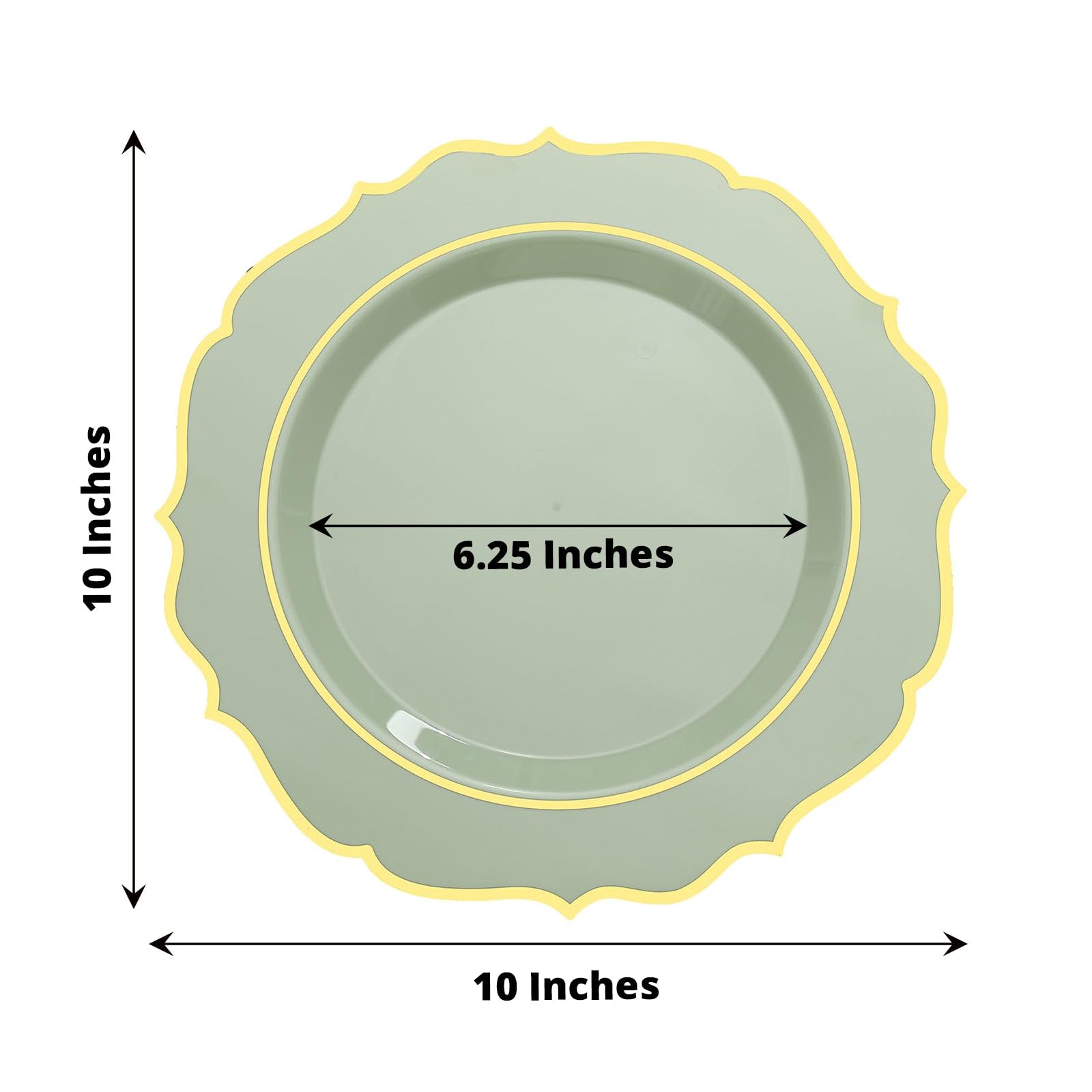 Efavormart 10 Pack | 10" Sage Green Plastic Dinner Plates Disposable Tableware Round With Gold Scalloped Rim for Wedding, Outdoor Receptions, Banquets, Holiday Dining