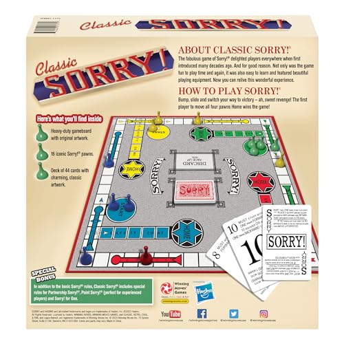 Classic Sorry With Retro Artwork and Components by Winning Moves Games USA, a Family Favorite for almost 100 Years, for 1-4 Players, Ages 6+
