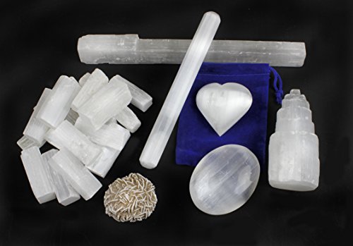 DANCING BEAR Selenite Protection Collection (22 pc Set): 12-15 Sticks (1.5-2”), Palm Stone, Heart, Tower, 8" Stick, 5.5" Massage Wand, and Desert Rose