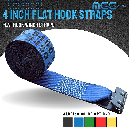 Mega Cargo Control (4 - Pack) Blue Tie Down Straps | 4" x 30' Heavy Duty Tie-Down Winch Strap with Flat Hooks | for Flat Bed, Truck, Farm, Utility Trailers