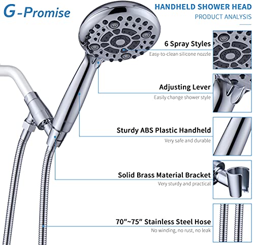 G-Promise Handheld Shower Head High Pressure 6 Spray Settings, Detachable Hand Held Showerhead 4.9" Face with Extra Long Flexible Hose and Metal Adjustable Bracket