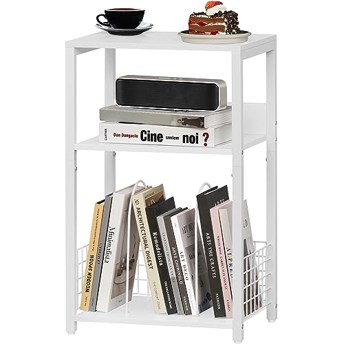 LELELINKY White End Tables Set of 2,Modern 3 Tier Side Table with Storage Shelf,Industrial Tall End Bedside Table, Metal Frame Night Stand for Small Space in Living Room Bedroom