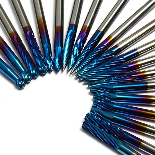Genmitsu 20pcs Carbide Burrs Set Nano Blue Coating Rotary Files 0.118”(3mm) Shank Fits Most Rotary Drill Die Grinder for Woodworking, Engraving, Drilling, Carving, RR20A