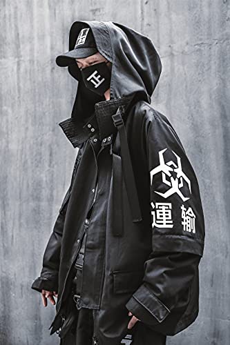 Niepce Inc Japanese Streetwear Zip Up Windbreaker Jacket for Men (Black2, XL)