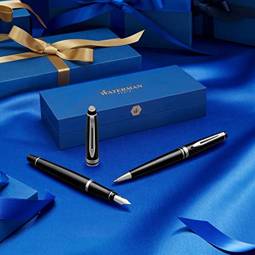 Waterman Expert Ballpoint Pen, Stainless Steel with 23k Gold Trim, Medium Point with Blue Ink Cartridge, Gift Box